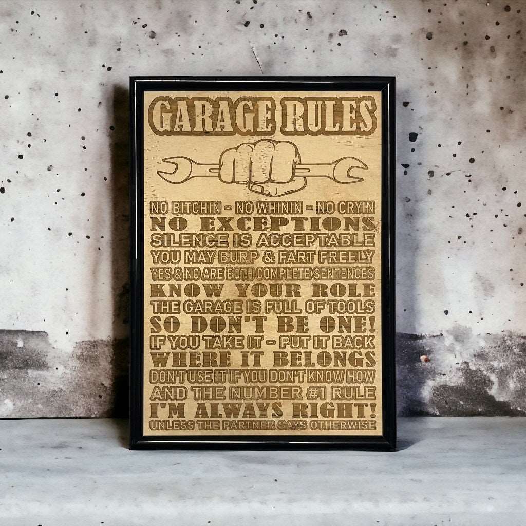 Garage Rules - 'Rustic Charm for His Space' - Wood Engraved Design ...